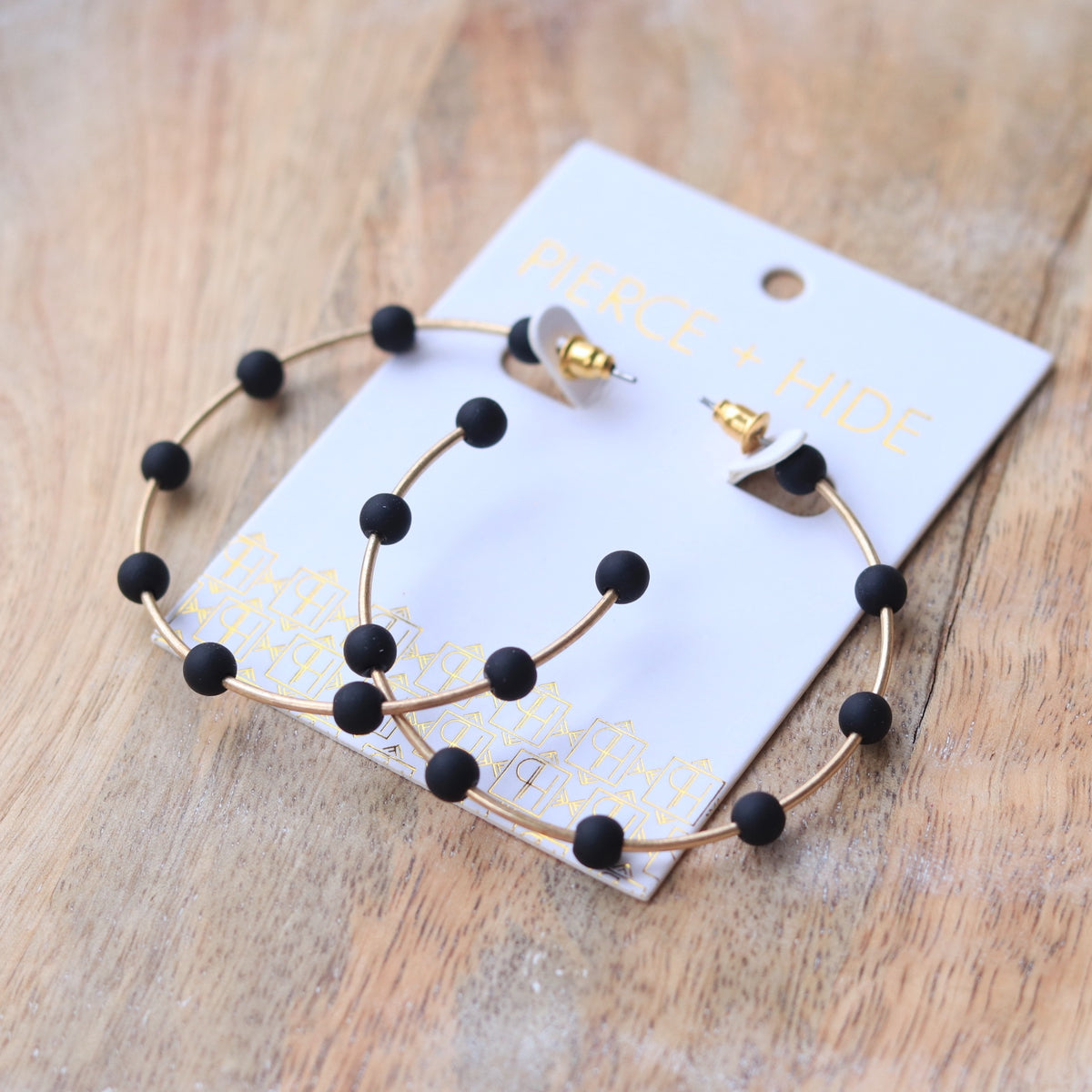 Black & Gold Bead Hoop Earrings | Polymer Clay Bead Hoops – Pierce & Hide